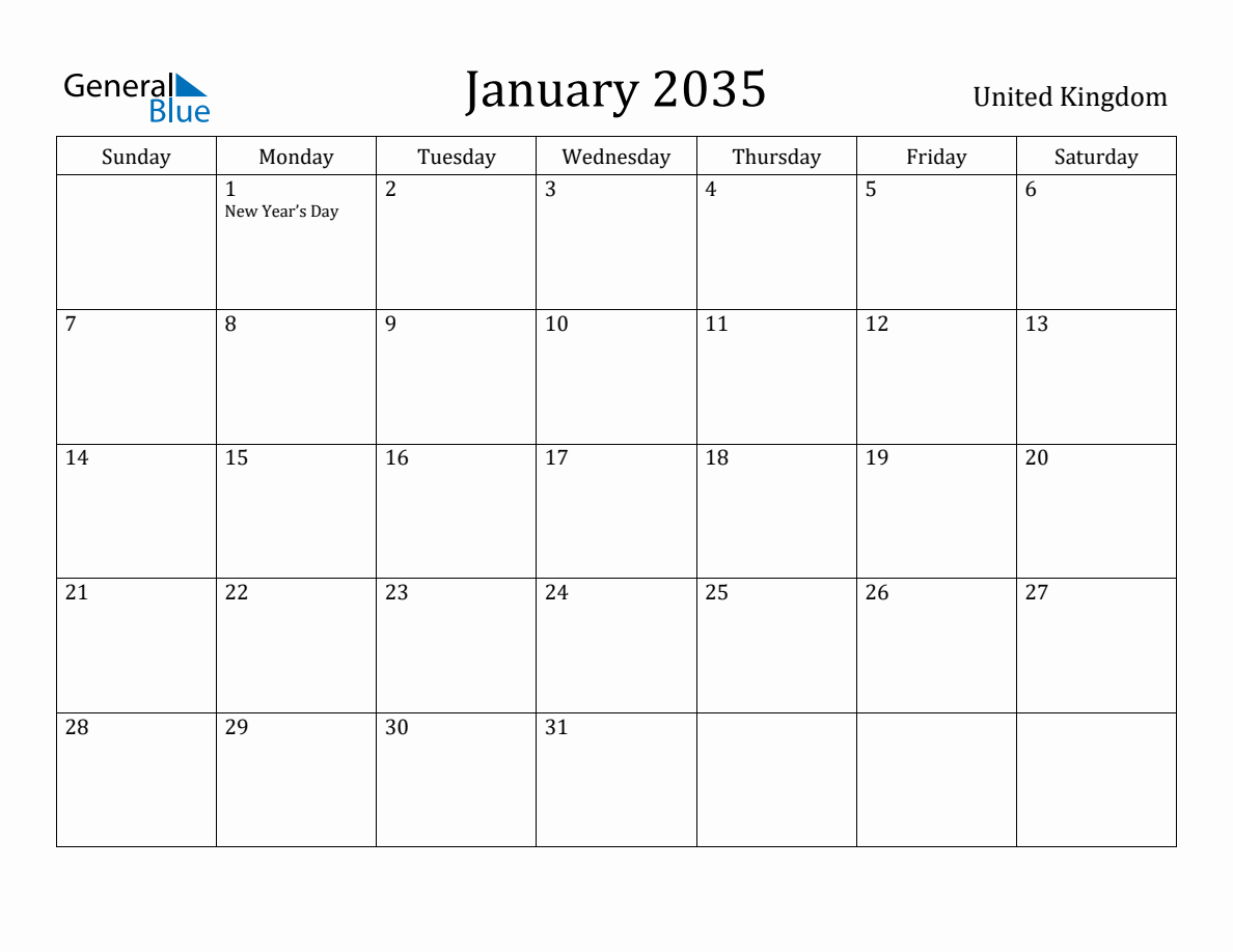 January 2035 Monthly Calendar with United Kingdom Holidays