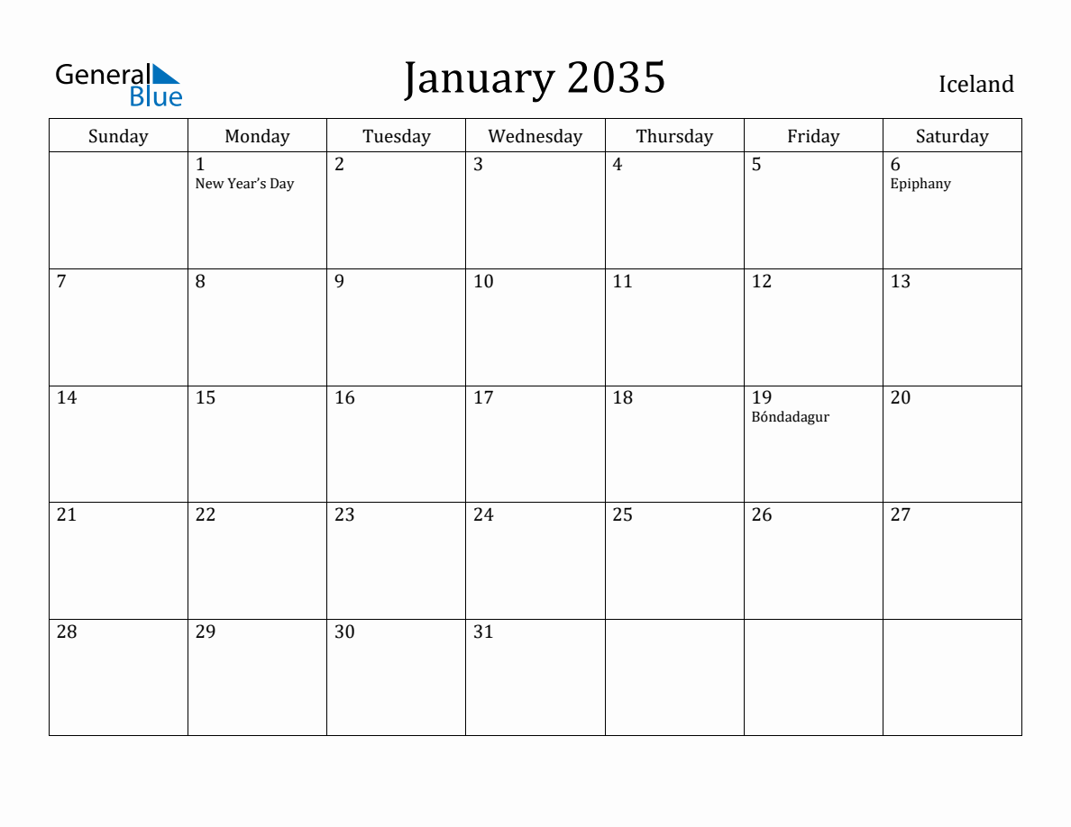 January 2035 Monthly Calendar with Iceland Holidays