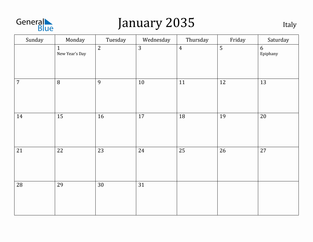 January 2035 Monthly Calendar with Italy Holidays