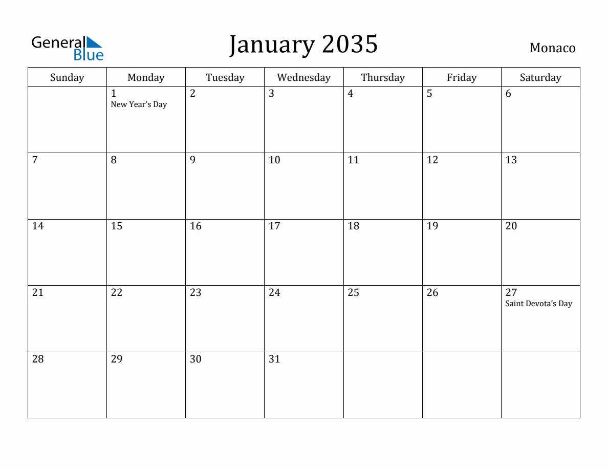 January 2035 Monthly Calendar with Monaco Holidays