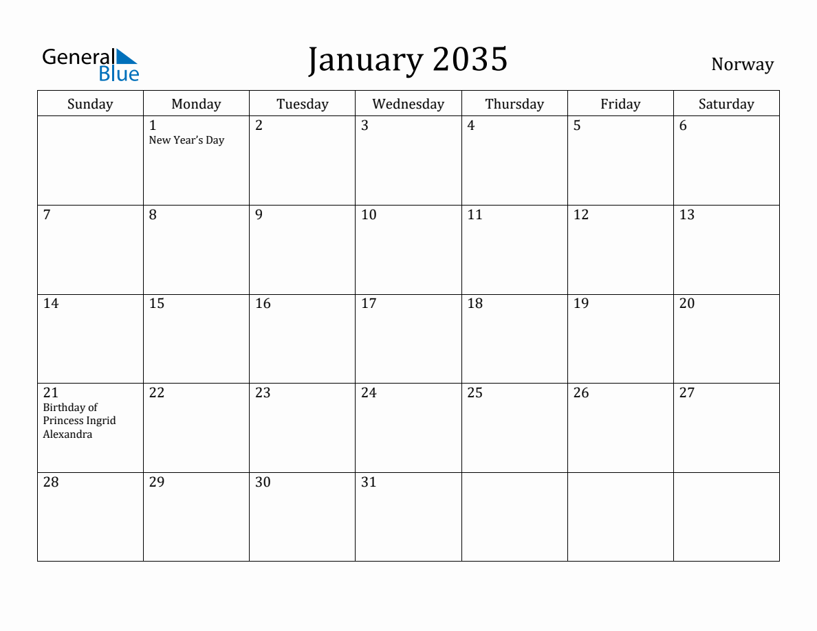January 2035 Monthly Calendar with Norway Holidays