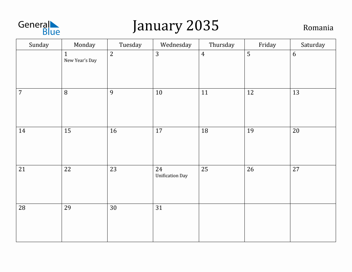 January 2035 Monthly Calendar with Romania Holidays