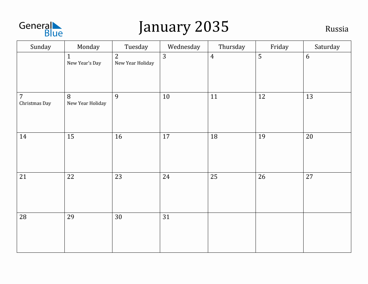 January 2035 Monthly Calendar with Russia Holidays