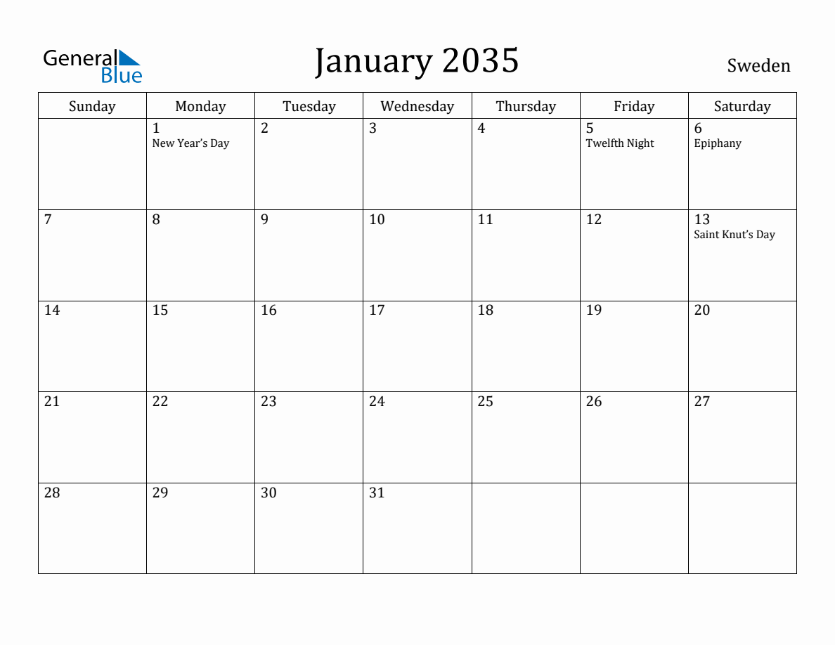 January 2035 Monthly Calendar with Sweden Holidays
