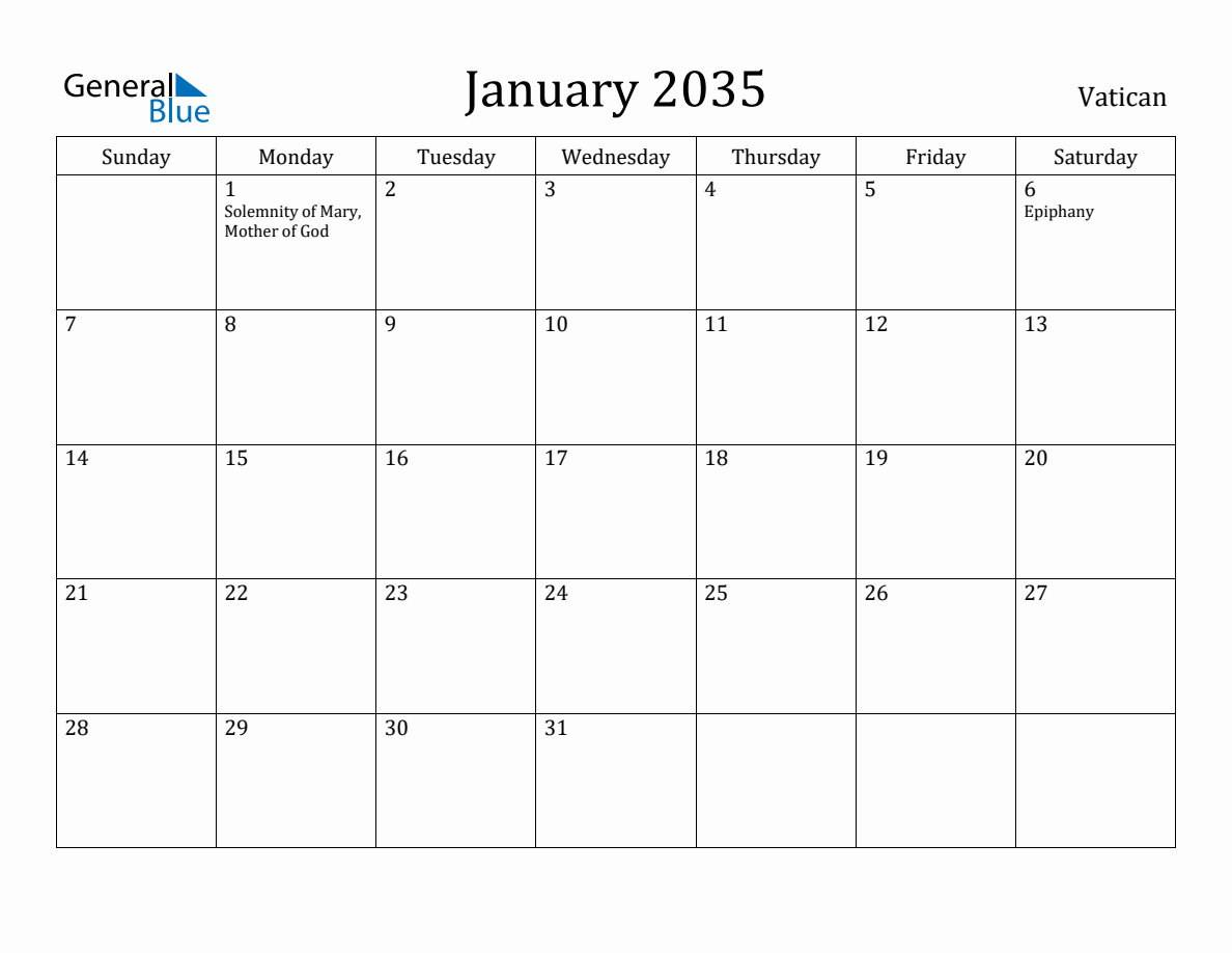 January 2035 Monthly Calendar with Vatican Holidays