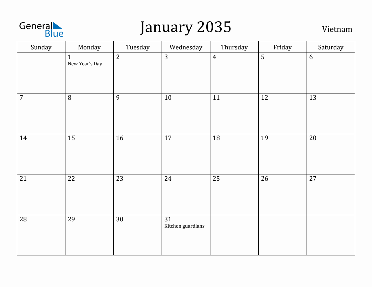 January 2035 Monthly Calendar with Vietnam Holidays
