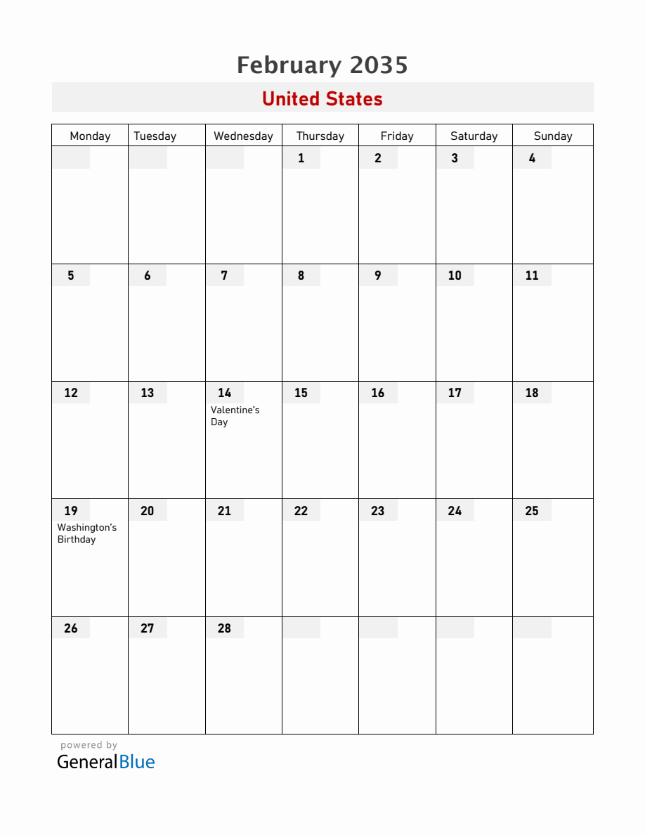 United States February 2035 Calendar with Holidays (Monday Start)