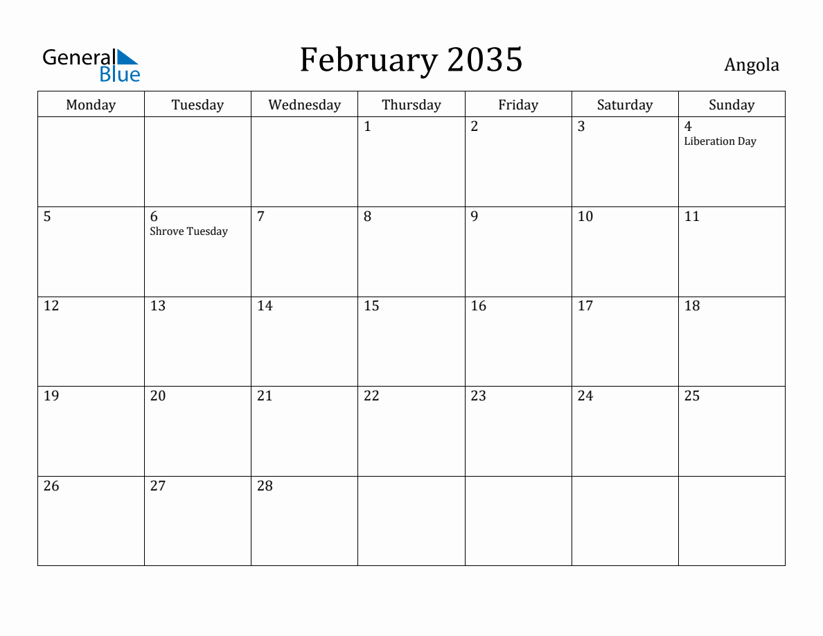 February 2035 Monthly Calendar with Angola Holidays (Monday Start)