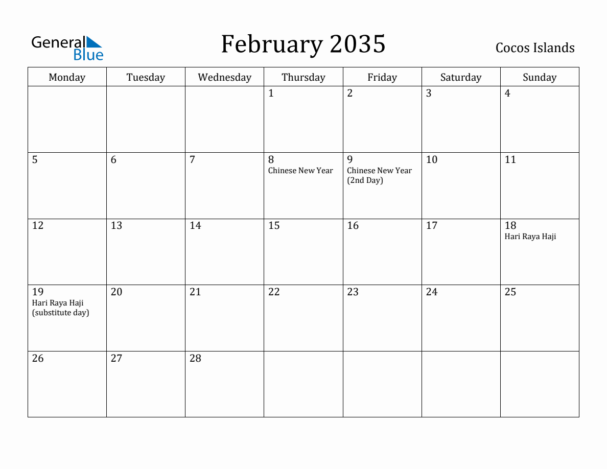 February 2035 Monthly Calendar with Cocos Islands Holidays