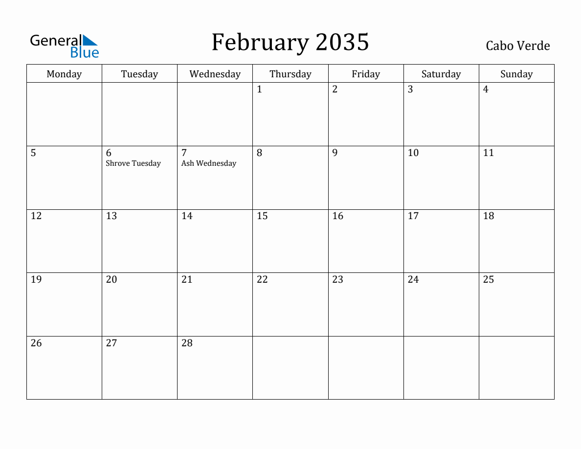 February 2035 - Cabo Verde Monthly Calendar with Holidays