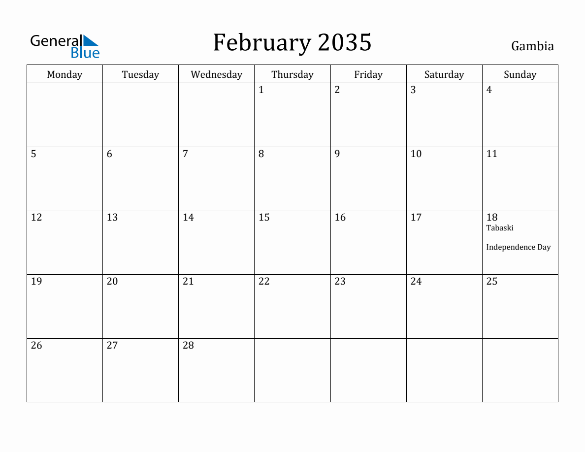 February 2035 Monthly Calendar with Gambia Holidays (Monday Start)