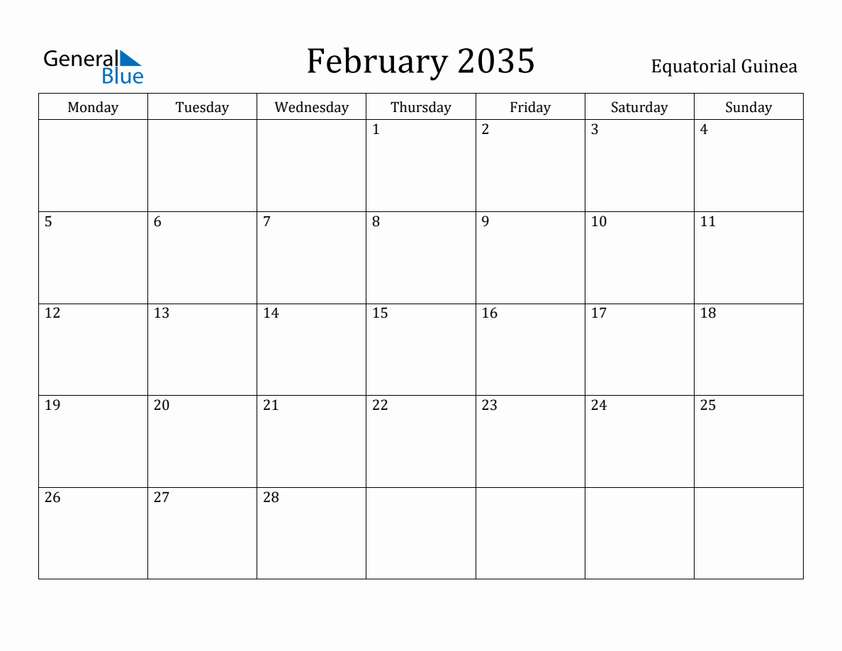 February 2035 Monthly Calendar with Equatorial Guinea Holidays (Monday ...