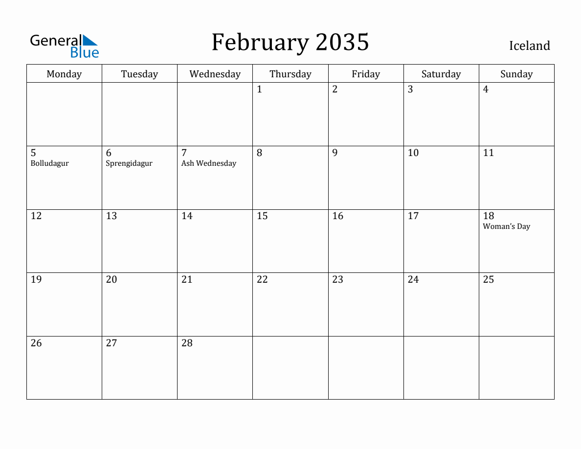 February 2035 Monthly Calendar with Iceland Holidays (Monday Start)