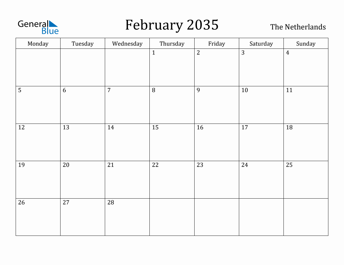 February 2035 - The Netherlands Monthly Calendar with Holidays