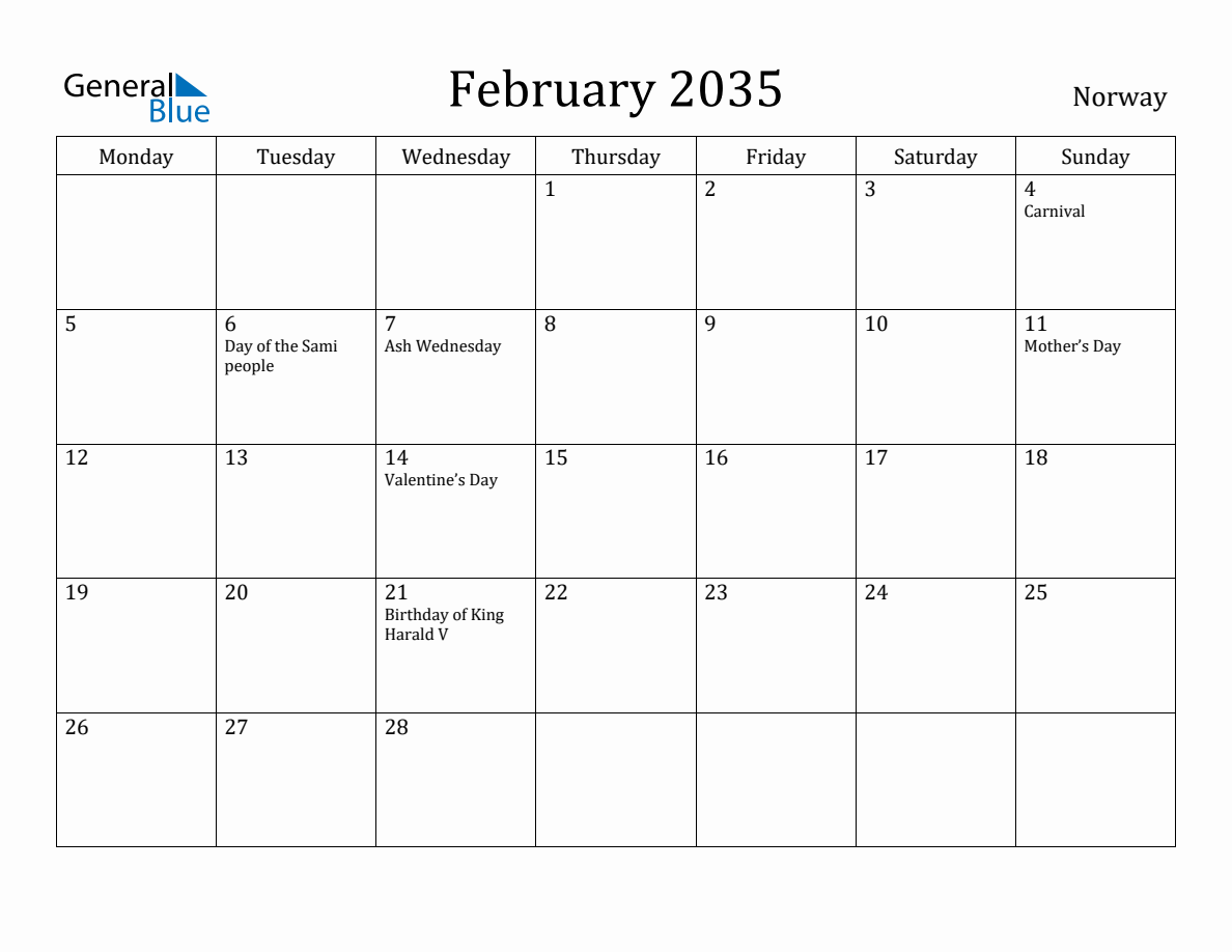 February 2035 - Norway Monthly Calendar with Holidays