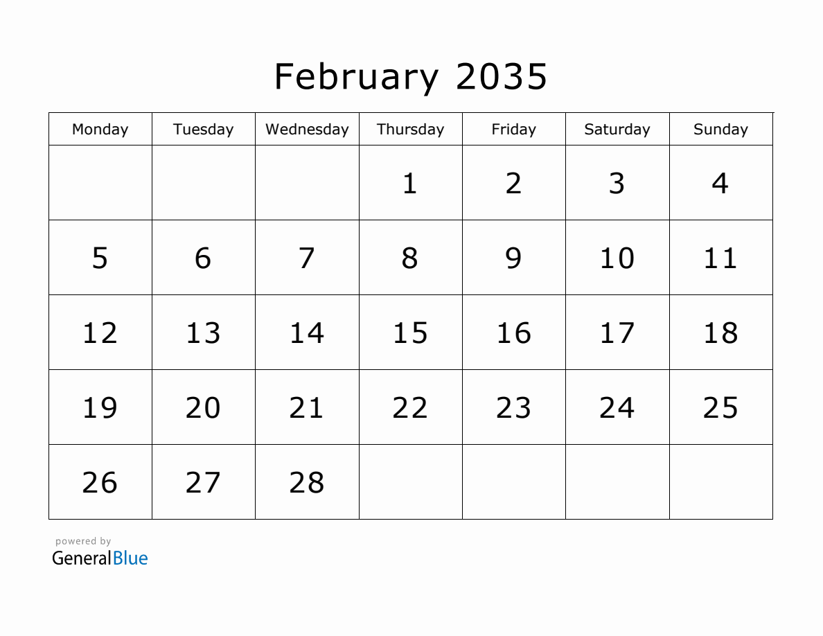 Printable February 2035 Calendar - Monday Start