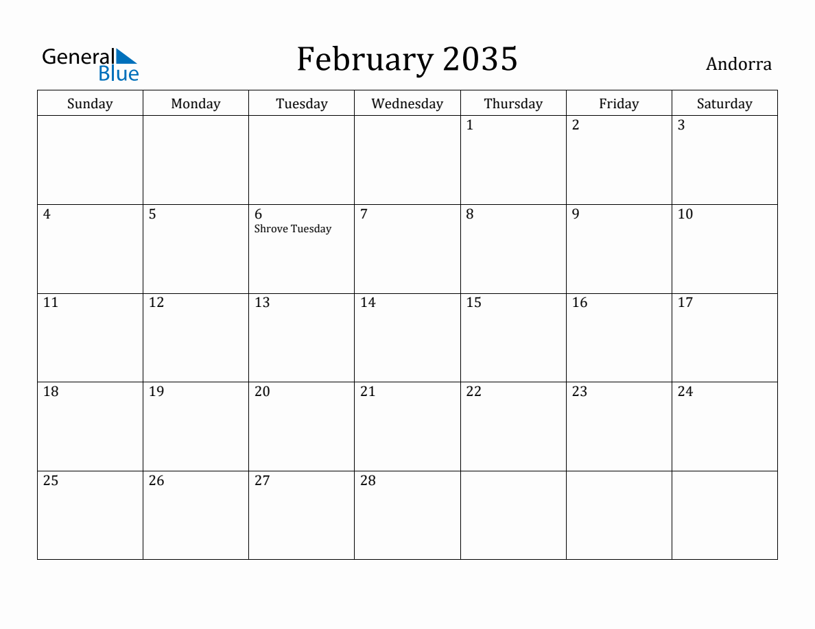 February 2035 Monthly Calendar with Andorra Holidays