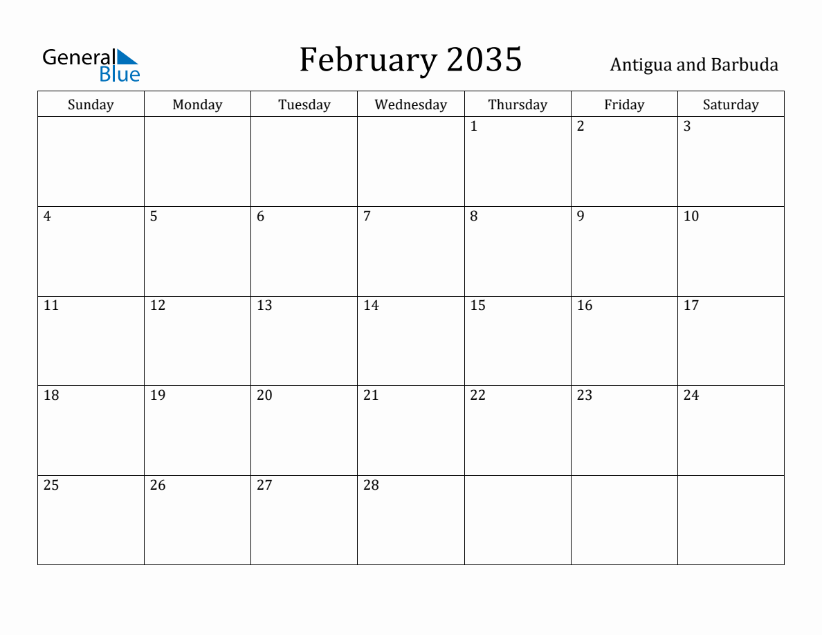 February 2035 Monthly Calendar with Antigua and Barbuda Holidays