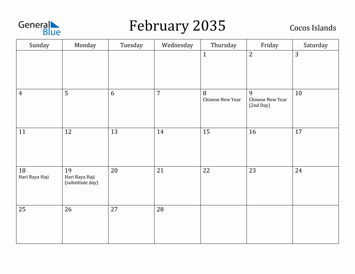 February 2035 Monthly Calendar with Cocos Islands Holidays