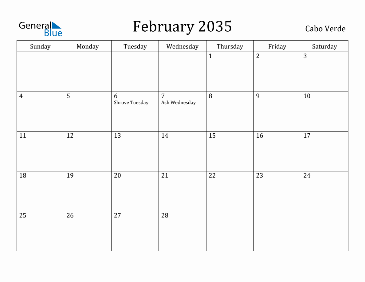 February 2035 Monthly Calendar with Cabo Verde Holidays