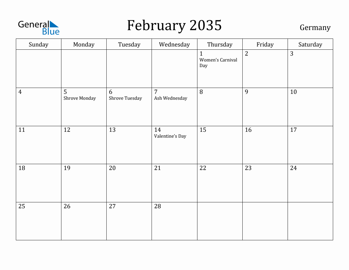 February 2035 Monthly Calendar with Germany Holidays