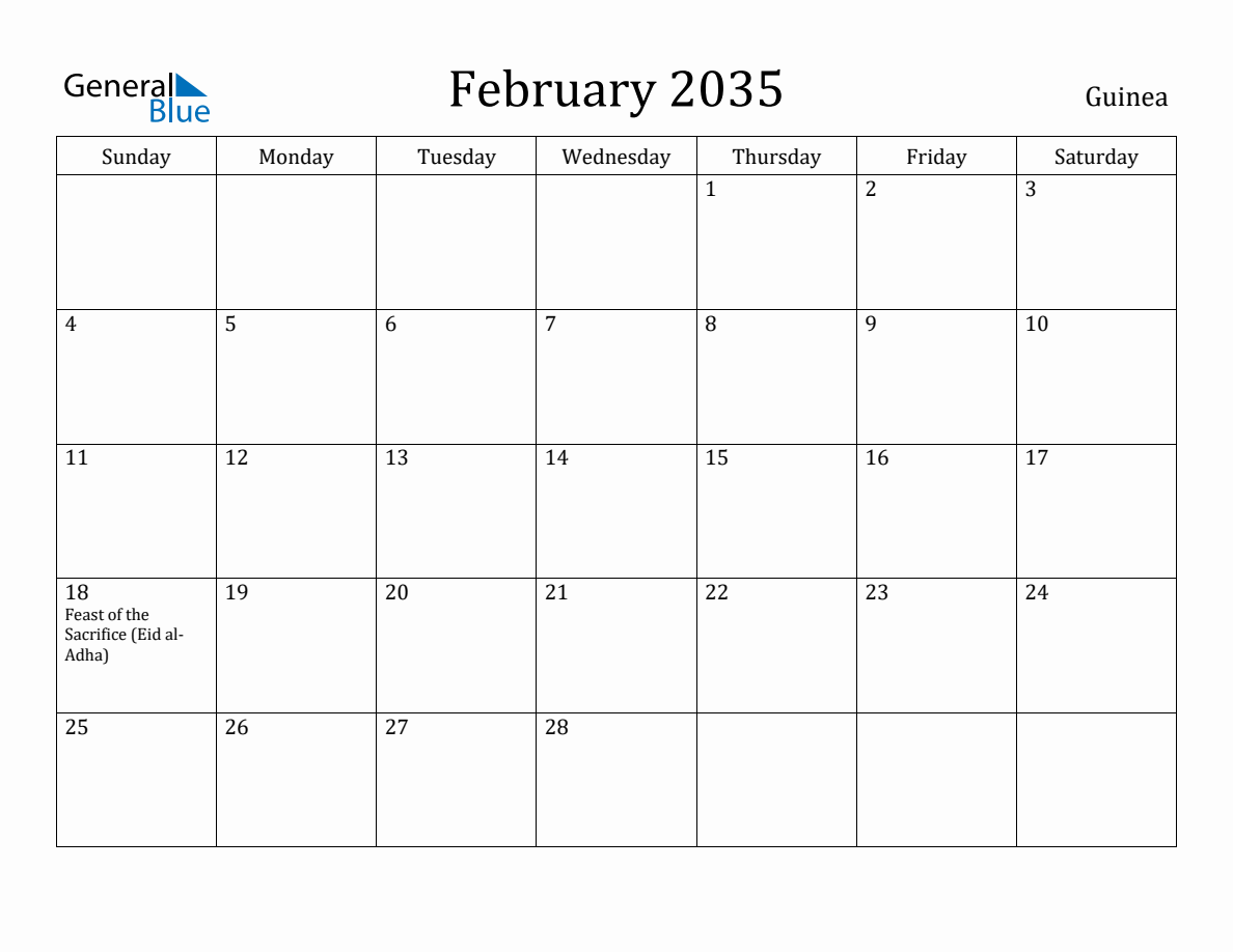 February 2035 Monthly Calendar with Guinea Holidays