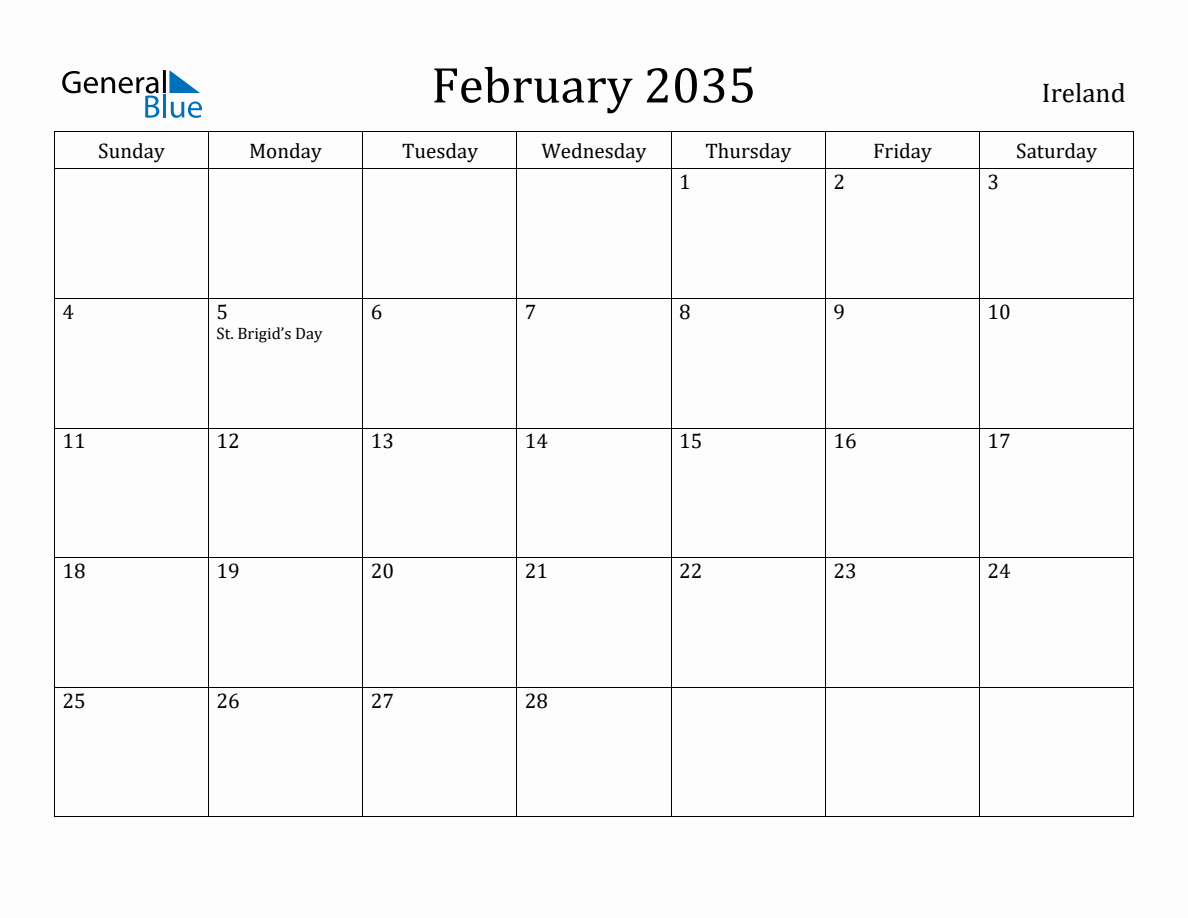 February 2035 Monthly Calendar with Ireland Holidays