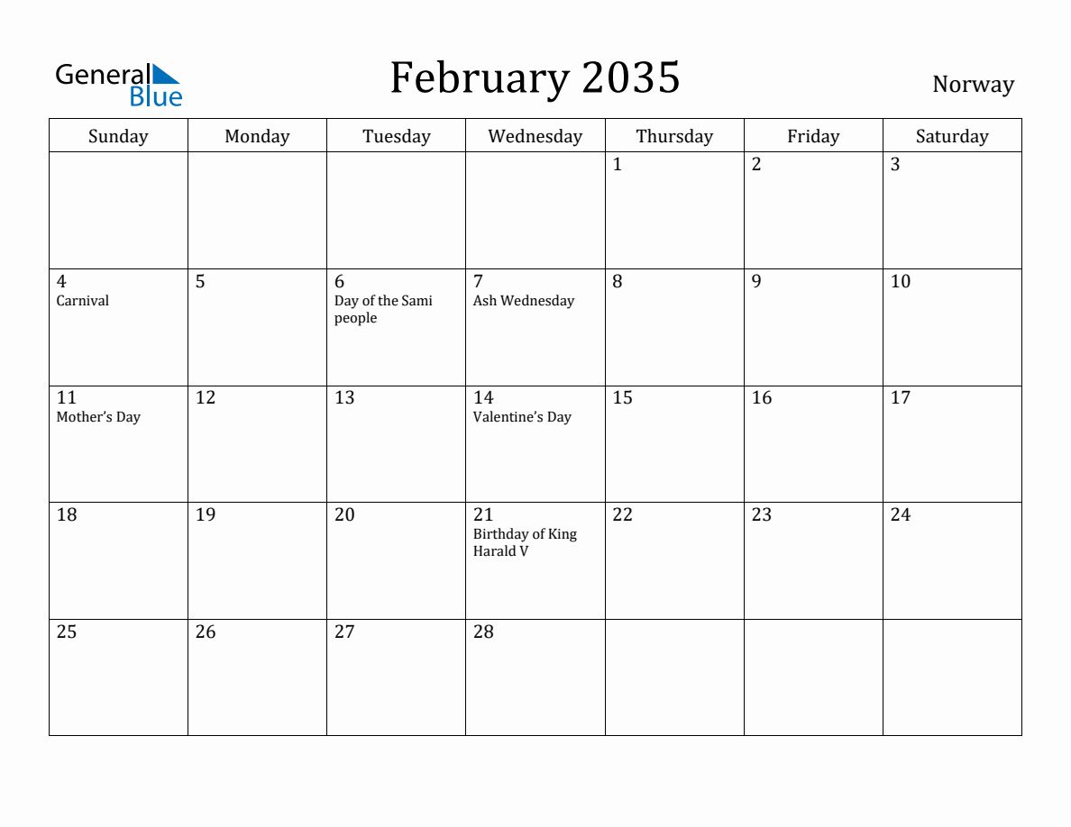 February 2035 Monthly Calendar with Norway Holidays