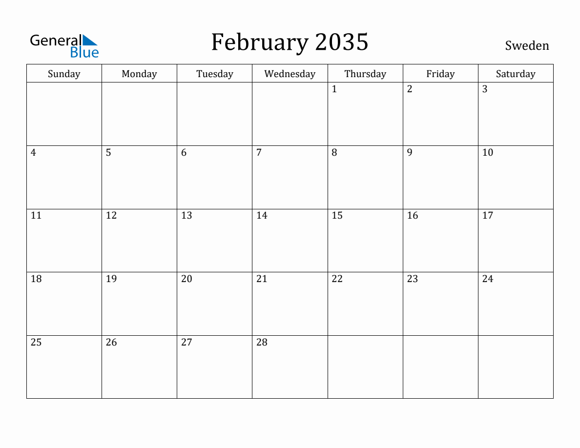 February 2035 Monthly Calendar with Sweden Holidays