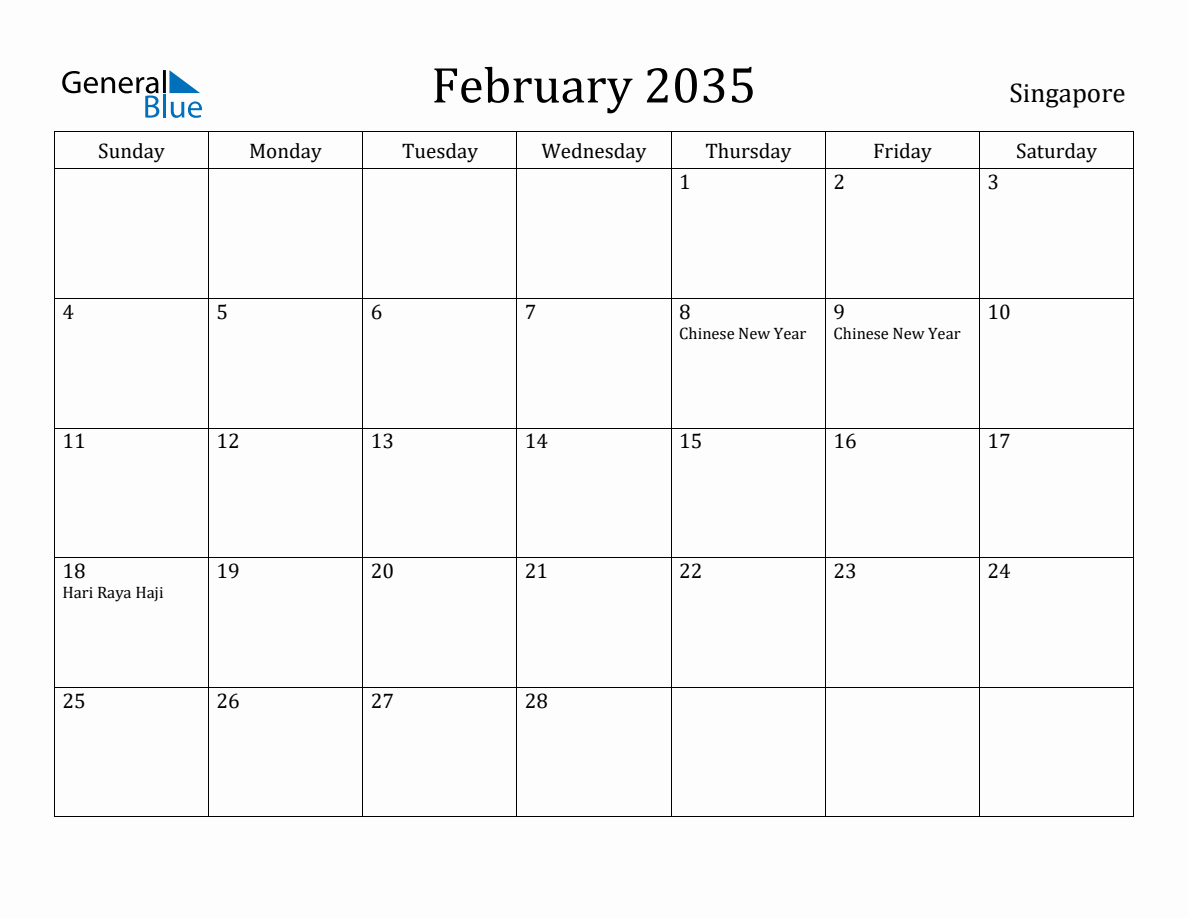 February 2035 Monthly Calendar with Singapore Holidays