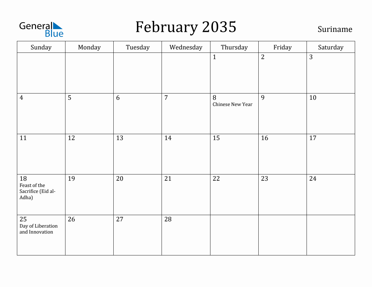 February 2035 Monthly Calendar with Suriname Holidays