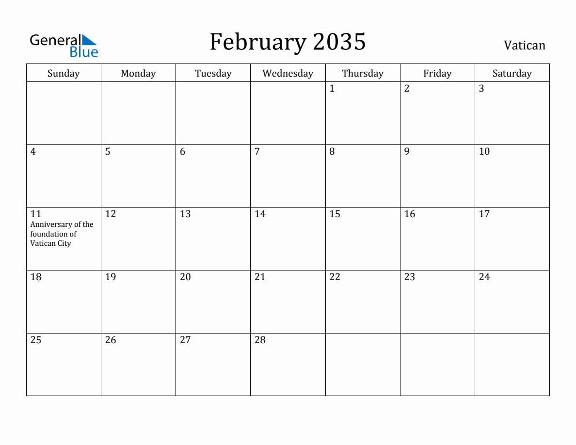 February 2035 Monthly Calendar with Vatican Holidays