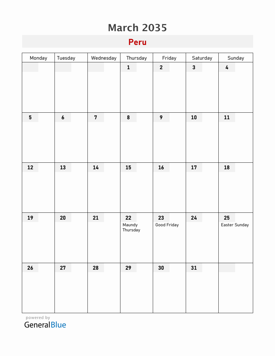 Peru March 2035 Calendar with Holidays (Monday Start)