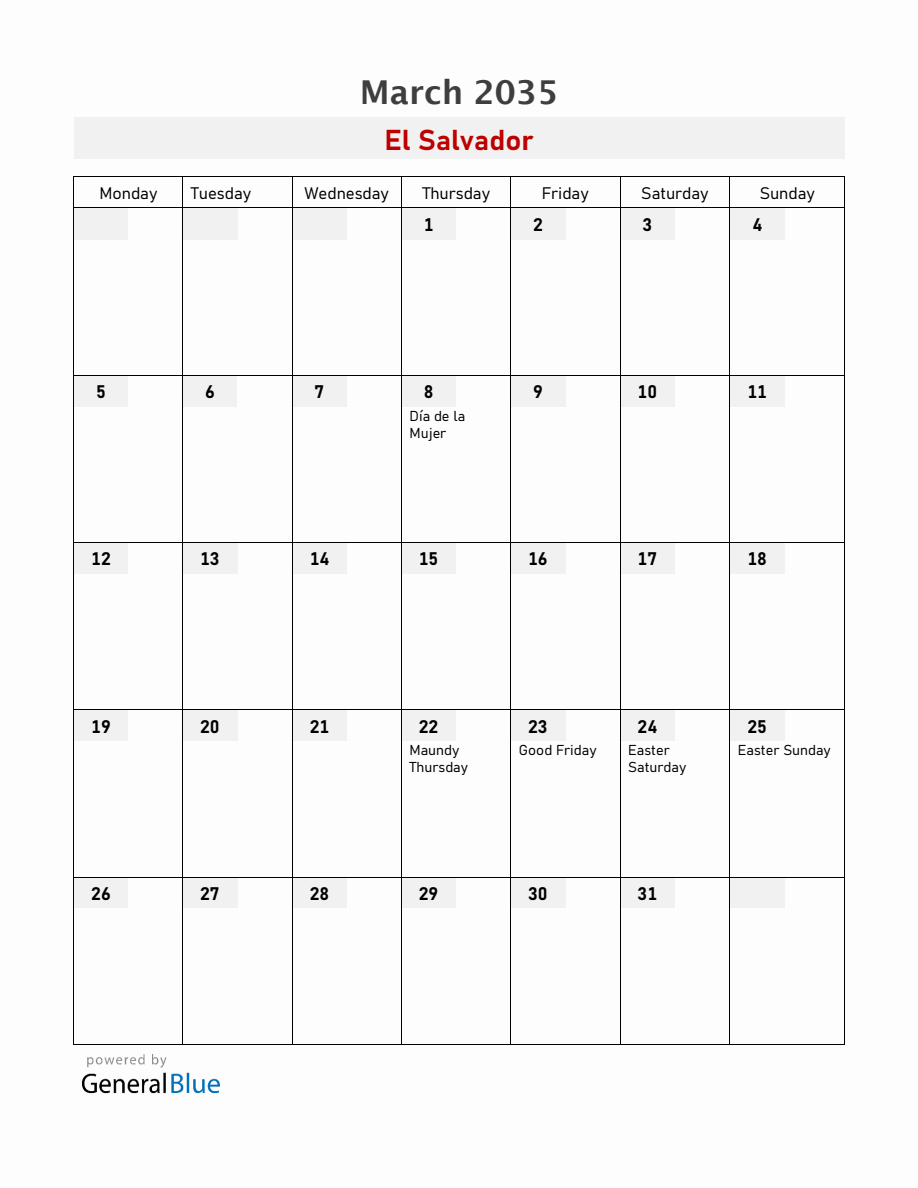 El Salvador March 2035 Calendar with Holidays (Monday Start)
