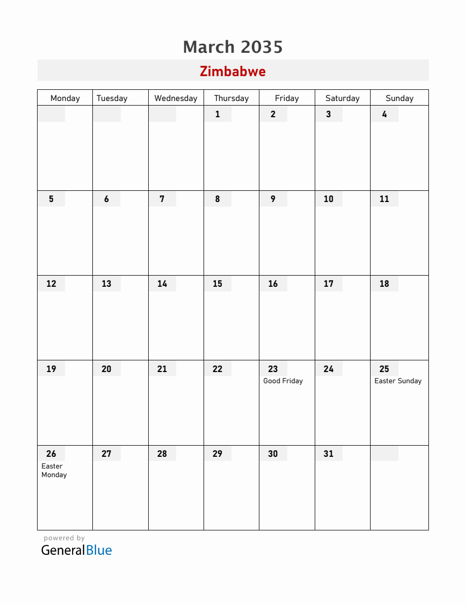 Zimbabwe March 2035 Calendar with Holidays (Monday Start)
