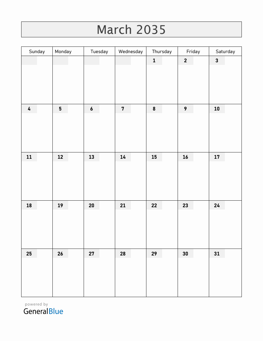 Blank March 2035 Calendar