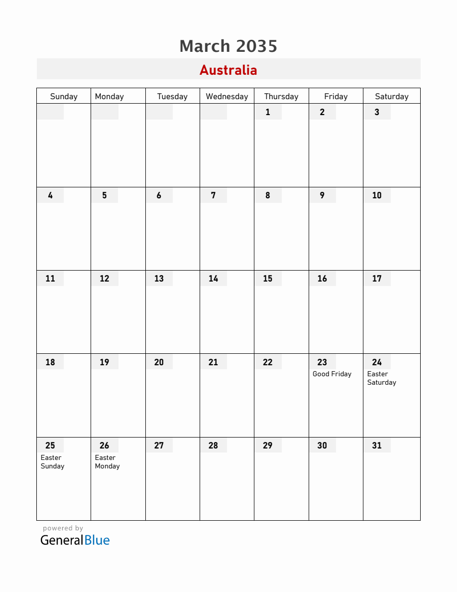 Australia March 2035 Calendar with Holidays