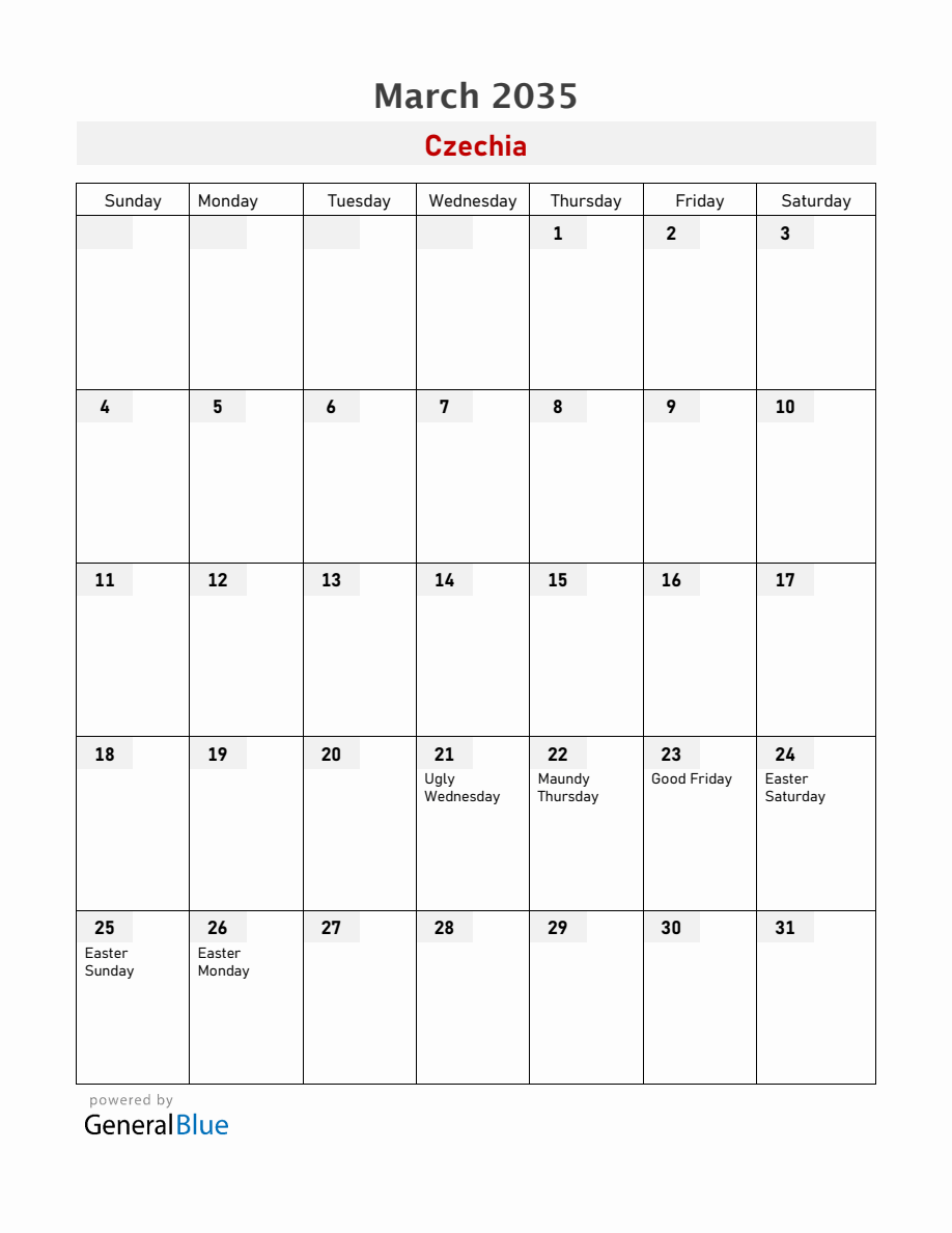 Czechia March 2035 Calendar with Holidays
