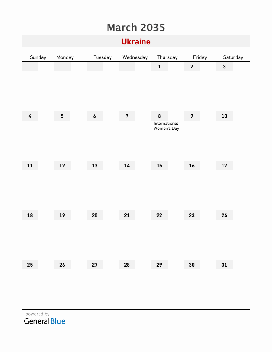 Ukraine March 2035 Calendar with Holidays