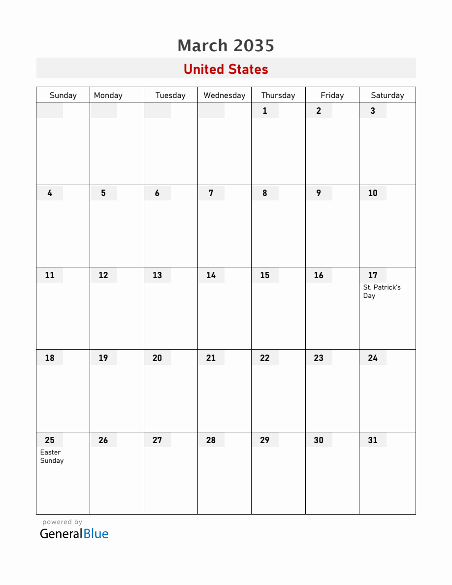 United States March 2035 Calendar with Holidays