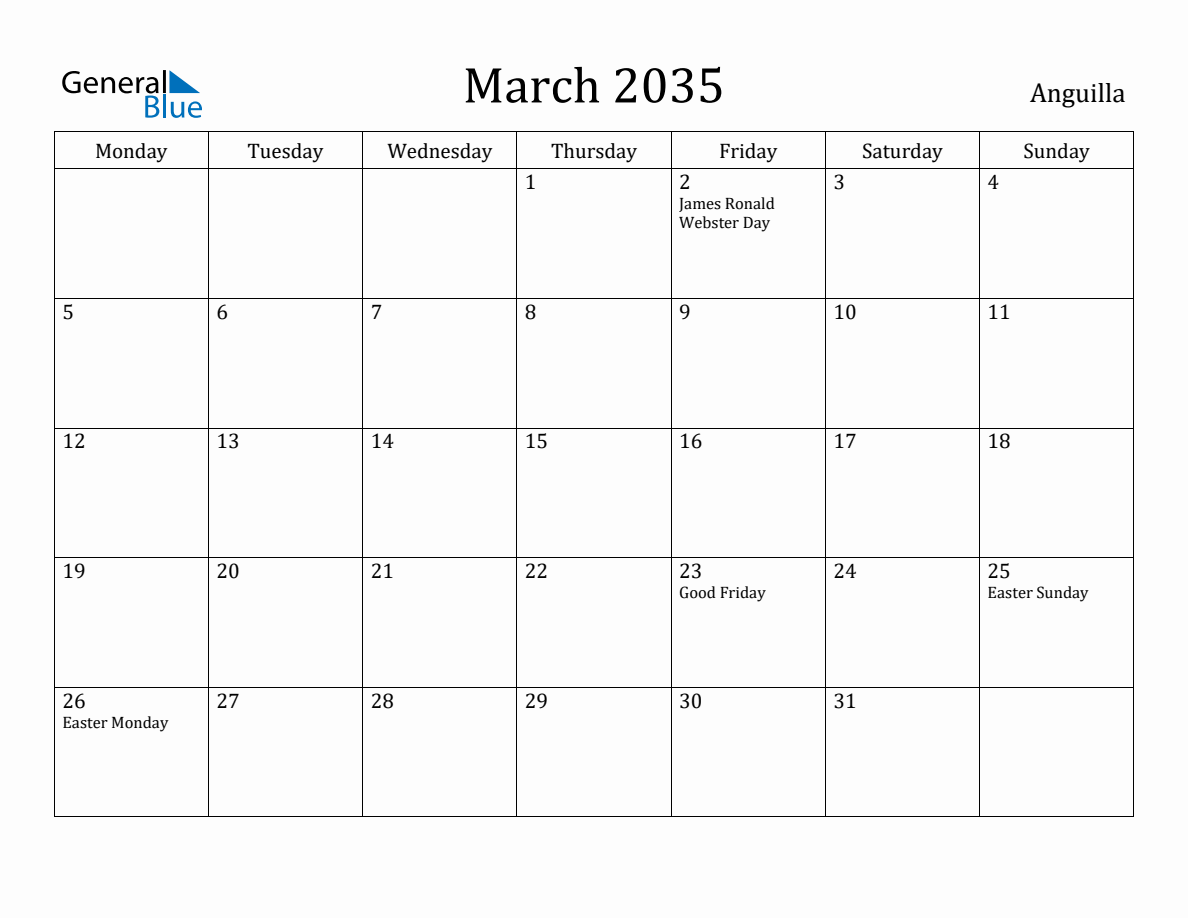 March 2035 Monthly Calendar with Anguilla Holidays (Monday Start)