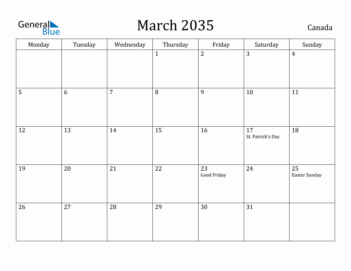 Canada Monthly Calendar - March 2035 (Monday Start)