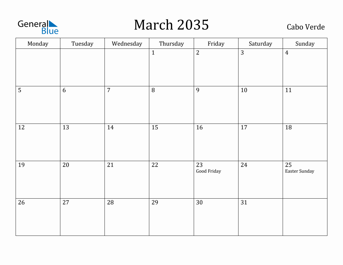 March 2035 Monthly Calendar with Cabo Verde Holidays
