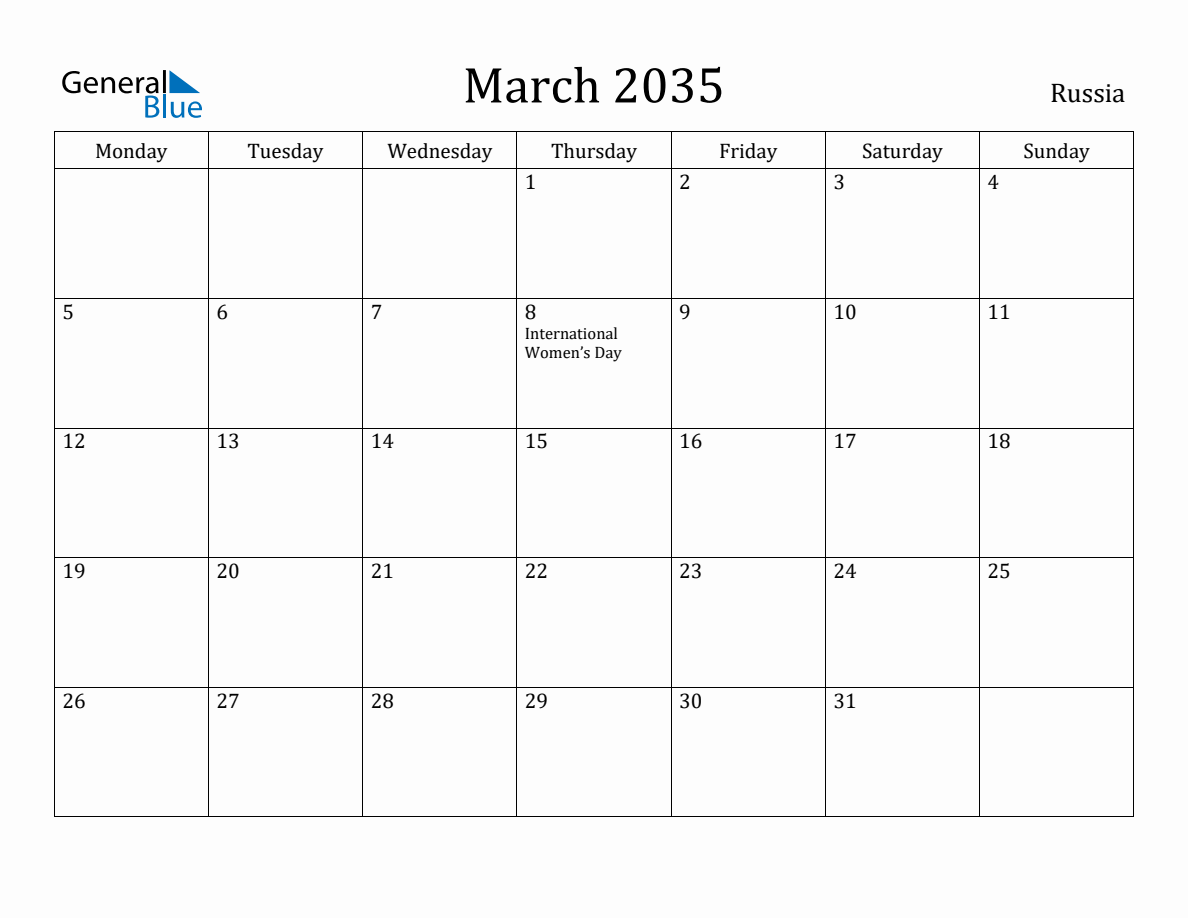 Russia Monthly Calendar - March 2035 (Monday Start)