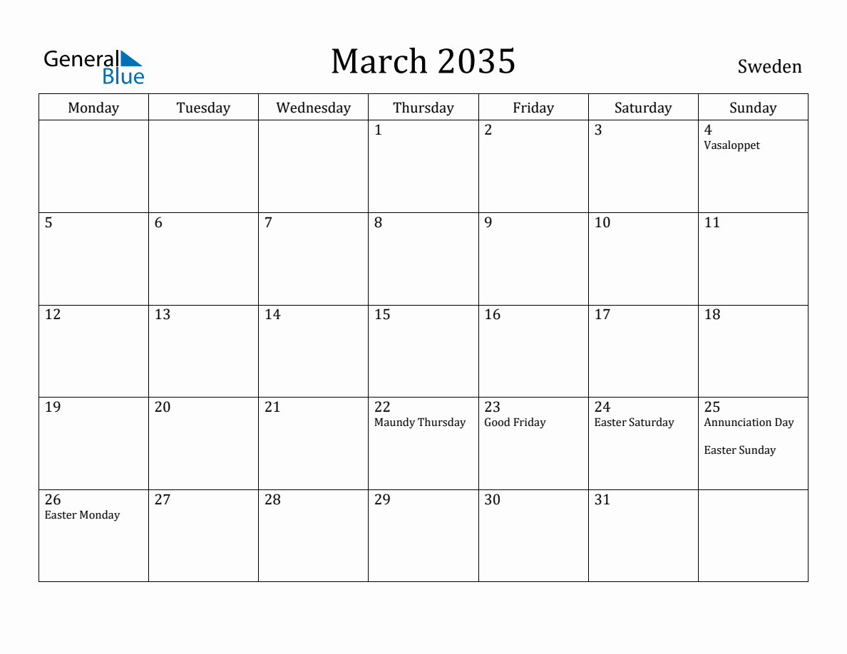 March 2035 - Sweden Monthly Calendar with Holidays