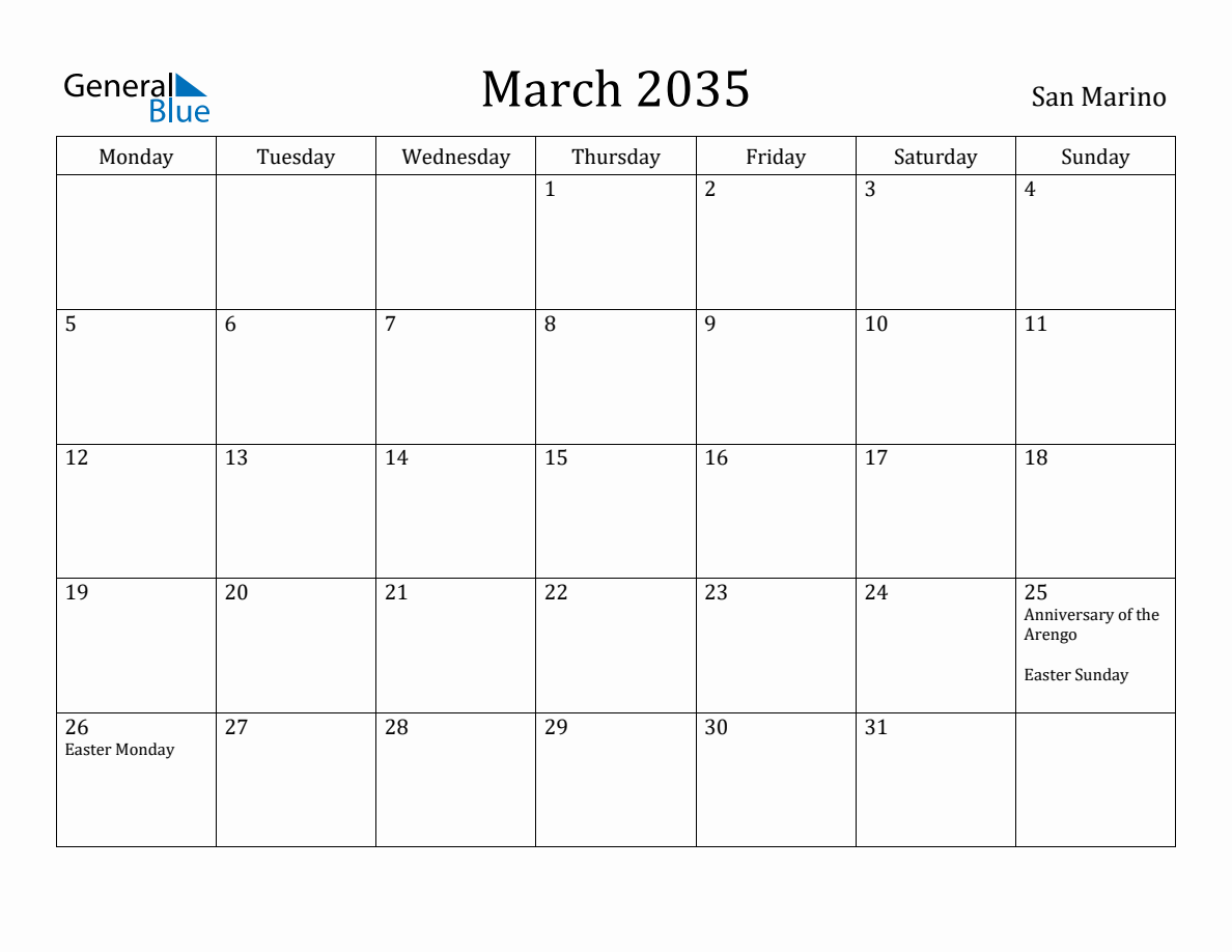 March 2035 - San Marino Monthly Calendar with Holidays