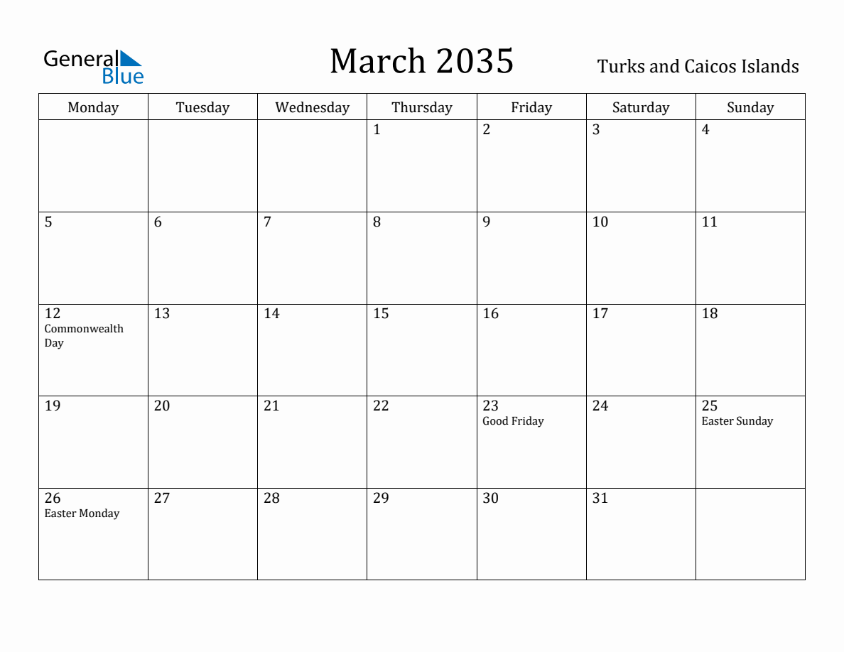 March 2035 Monthly Calendar with Turks and Caicos Islands Holidays ...
