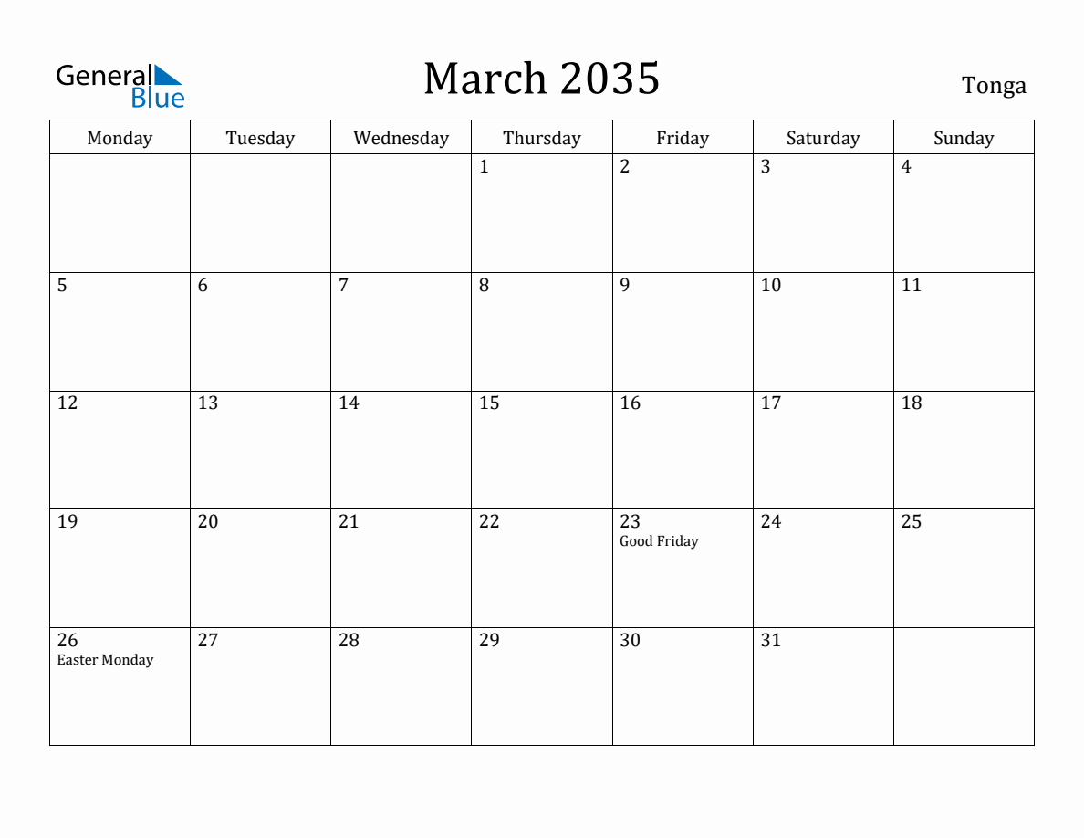 March 2035 Monthly Calendar with Tonga Holidays (Monday Start)