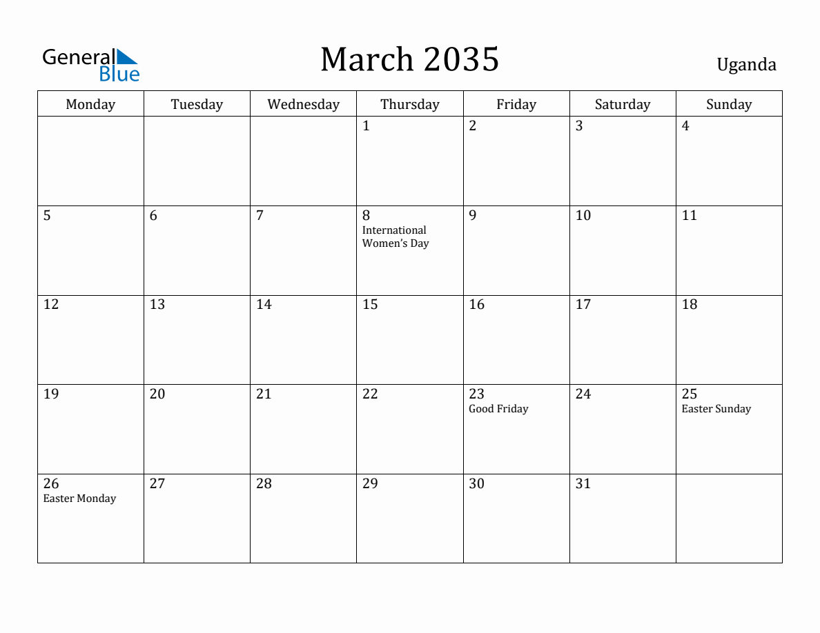 March 2035 - Uganda Monthly Calendar with Holidays