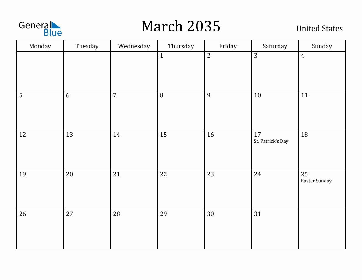 United States Monthly Calendar - March 2035 (Monday Start)